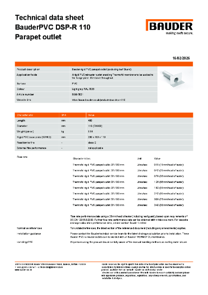 BauderPVC DSP-R 110 Parapet Outlet | Bauder Ltd | NBS Source