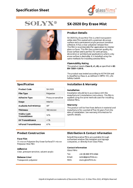 SX-2020 Dry Erase Mist Specification Sheet | NBS Source