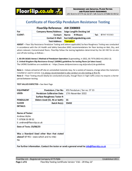 Anti-Slip Test results Contemporary Hollow & Traditional Co-ex boards ...