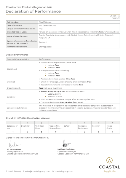 BLU™ - HY3 Slim Knuckle Window Hinge Declaration of Performance ...