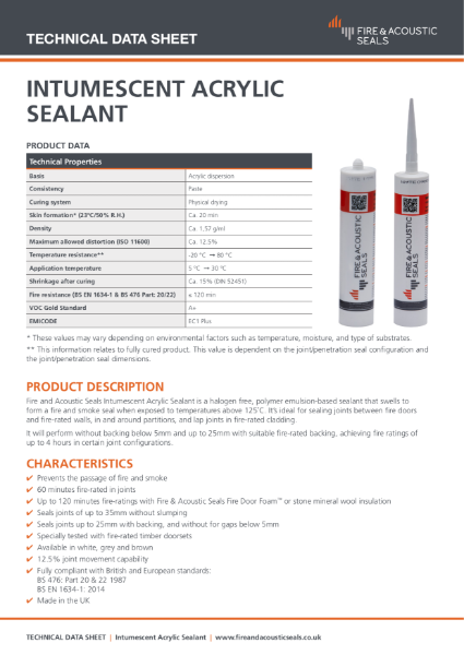 Intumescent Acrylic Sealant Datasheet | Fire & Acoustic Seals Ltd | NBS ...
